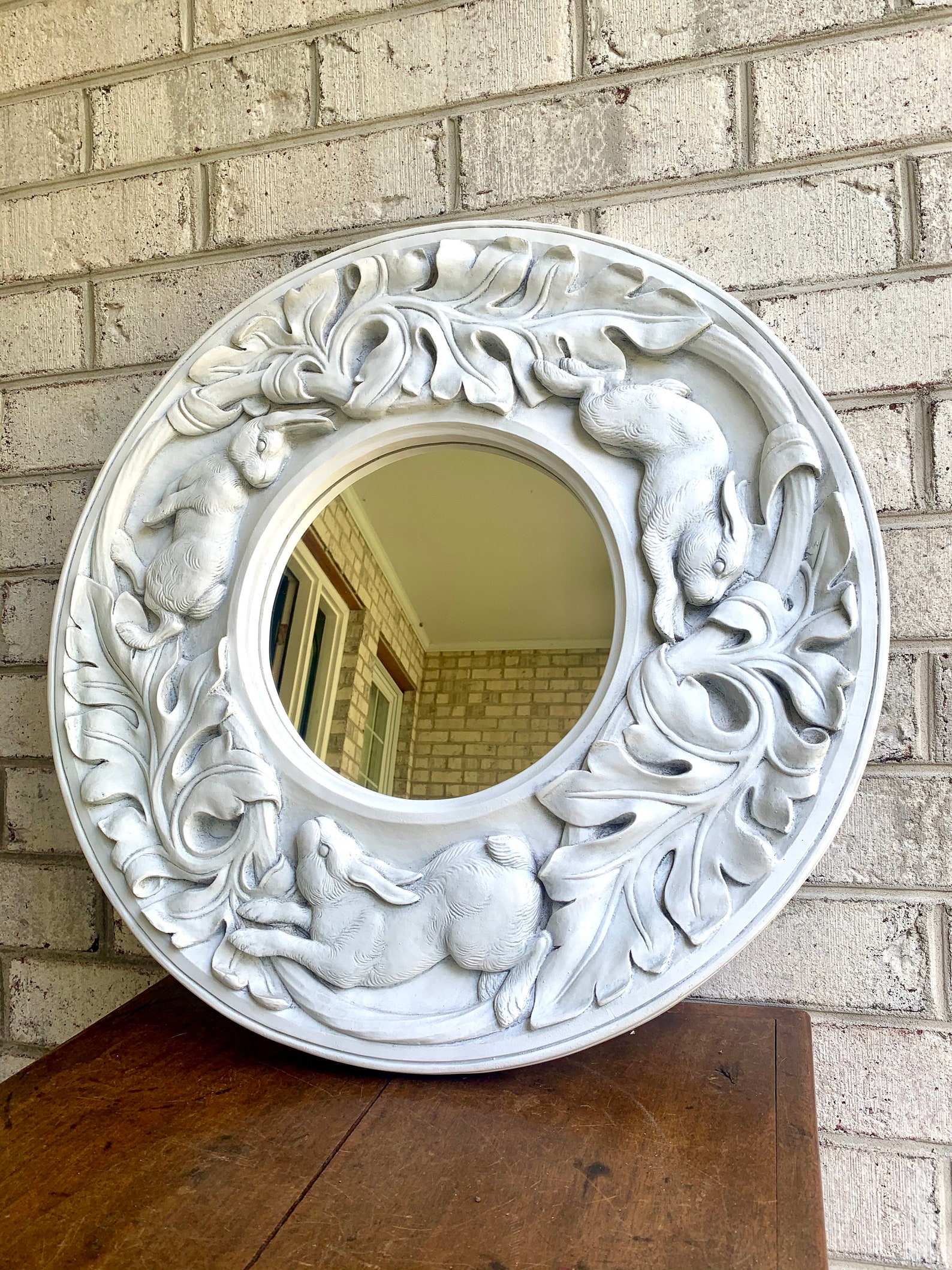 Vintage White Round Mirror Resin Rabbit Mirror Round | Etsy