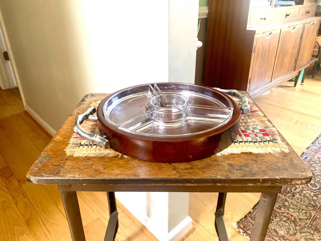 Vintage Atticus Serving Dish | Wood and Glass Divided Serving Tray ...