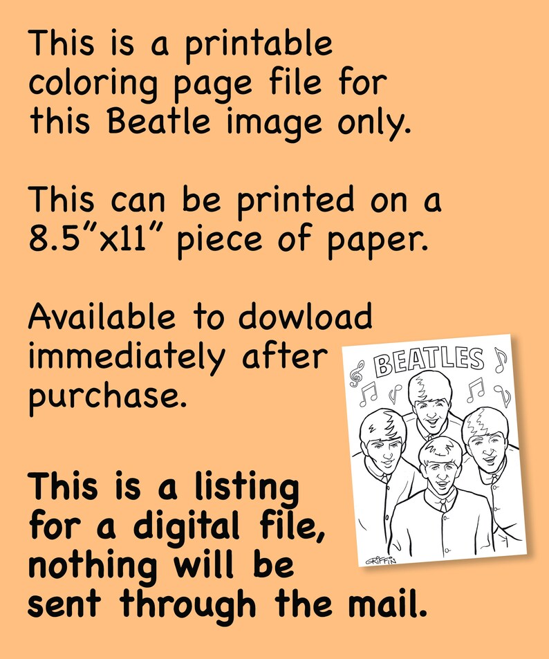 BEATLES Coloring Page Digital Download, Hand-drawn Coloring Sheet ...