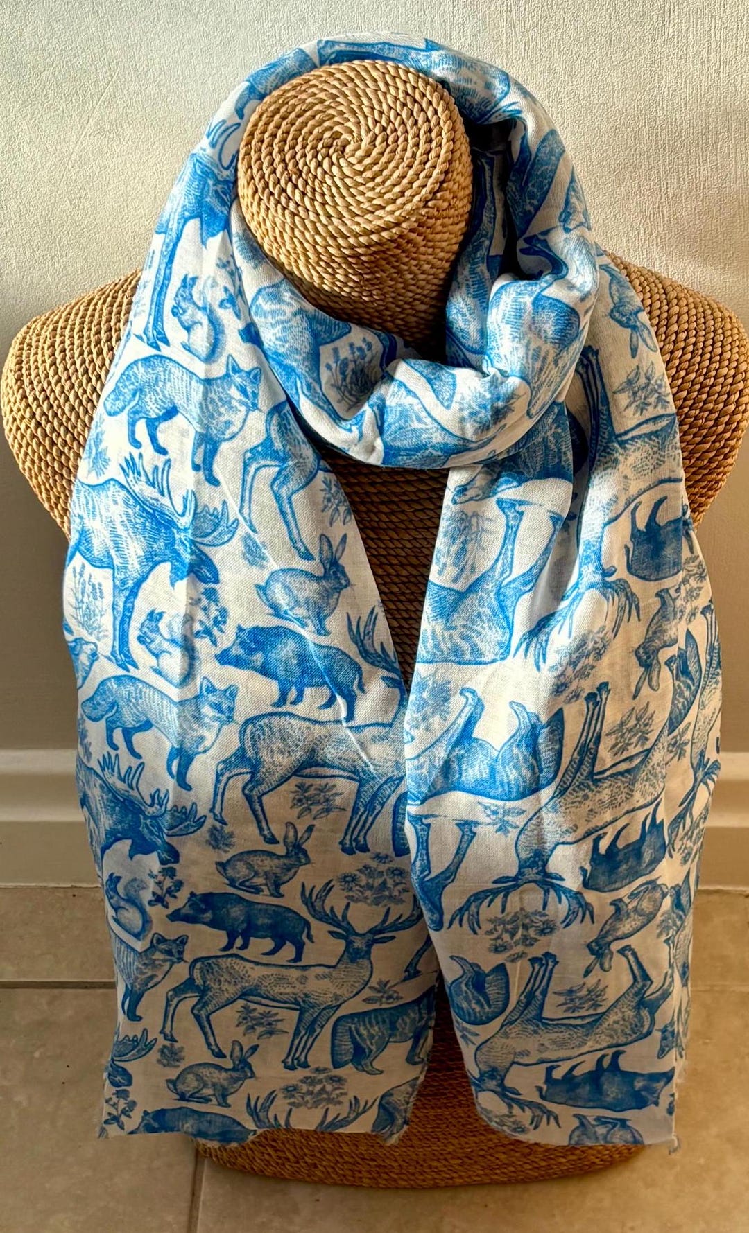Wildlife Scarf: Blue Moose, Wolf & Boar Print, Viscose Wrap - Etsy