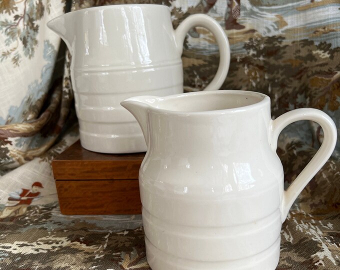 Vintage White Banded Pitchers, Set of 2, Ceramic Pitchers, Farmhouse ...
