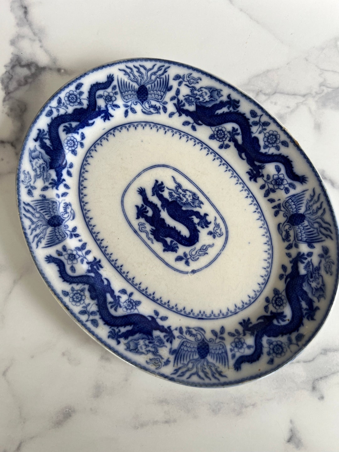 Antique Minton Chinese Dragon and Bird Blue and White Flo Blue Platter ...