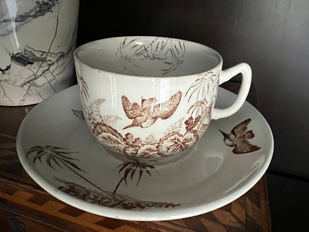 Antique Brown Transferware Tea Cup and Saucer Set by Emery in the Essex ...