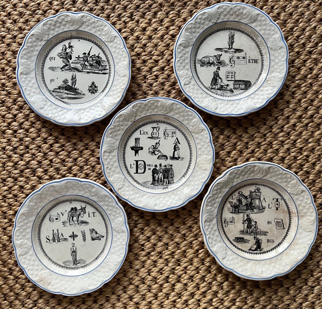 Vintage French Choisy Black and White Riddle Transferware Plates, Set ...