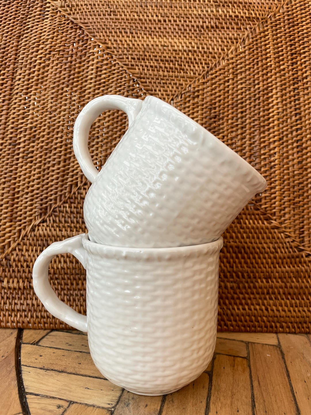 Vintage Set Nantucket Style Basket Coffee Cups. Mugs. Set of 8. White ...