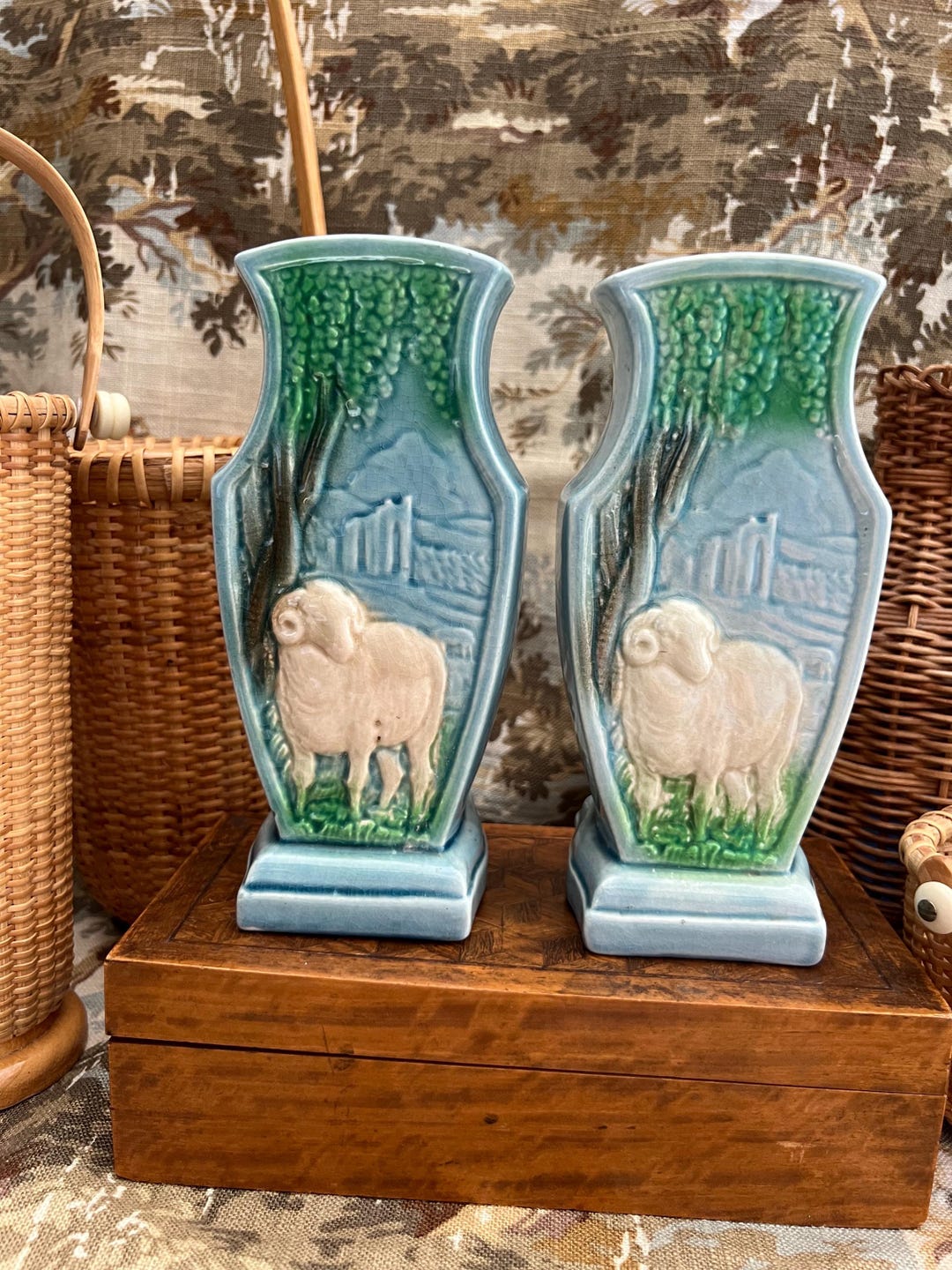 Vintage Majolica Sheep Vases, A Pair, Antique Majolica, Victorian ...