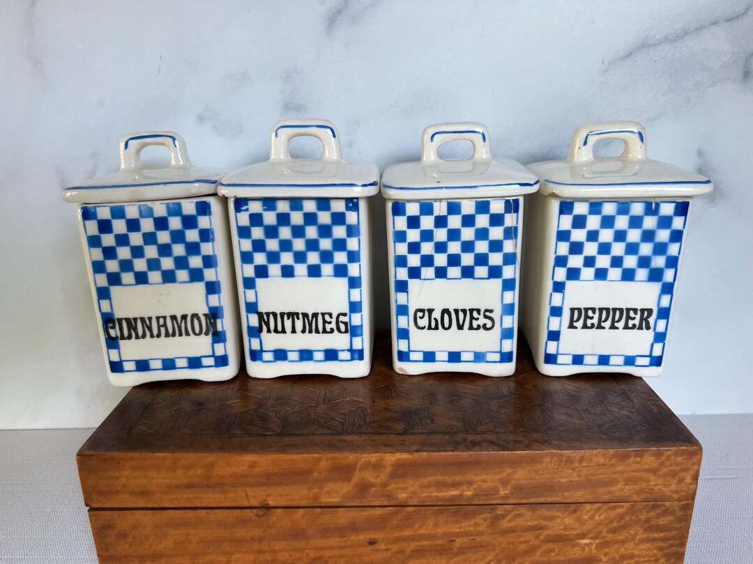 Vintage Checkered Spice Jars, Blue and White Checkered, Made in ...