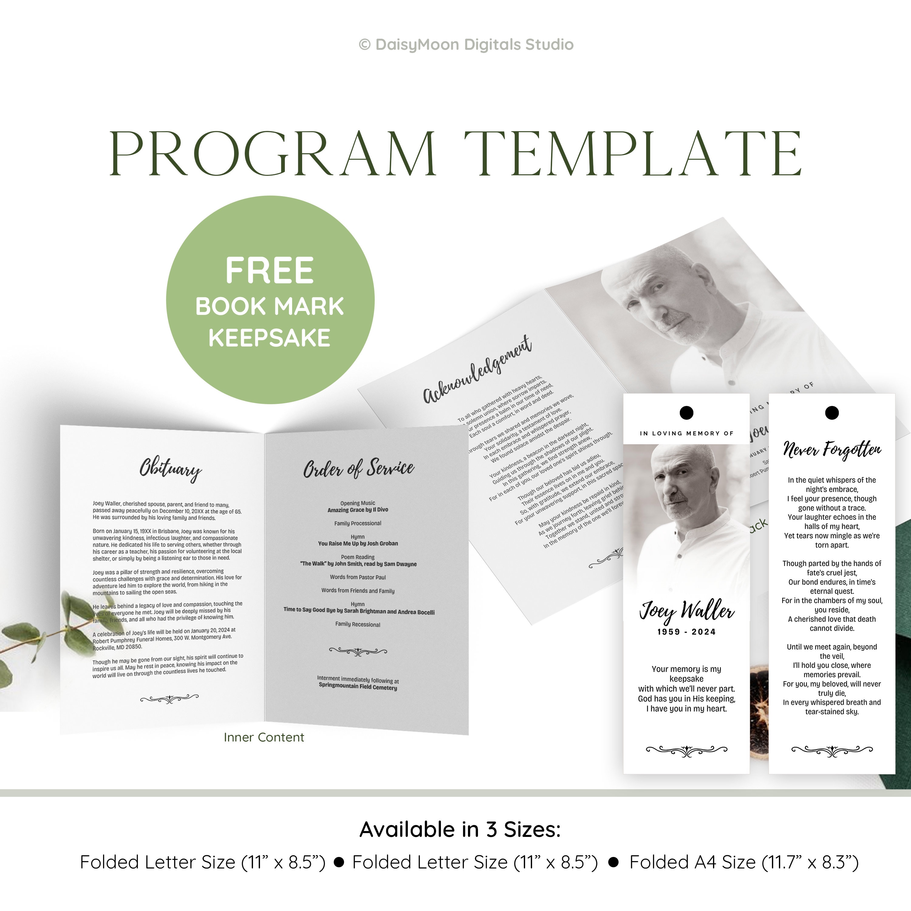 Minimalist Funeral Program Template Editable Foldable Funeral Memorial ...