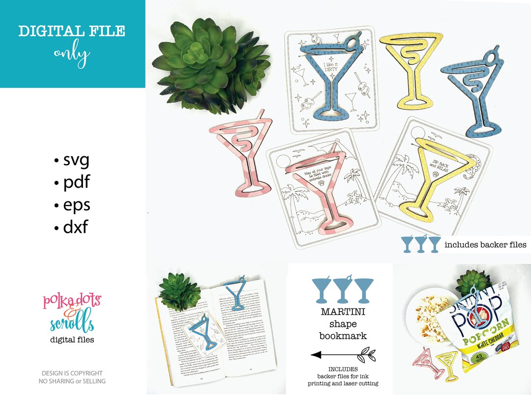 Martini Bookmark Laser File, Glowforge Scrap Buster Files, Book Club ...