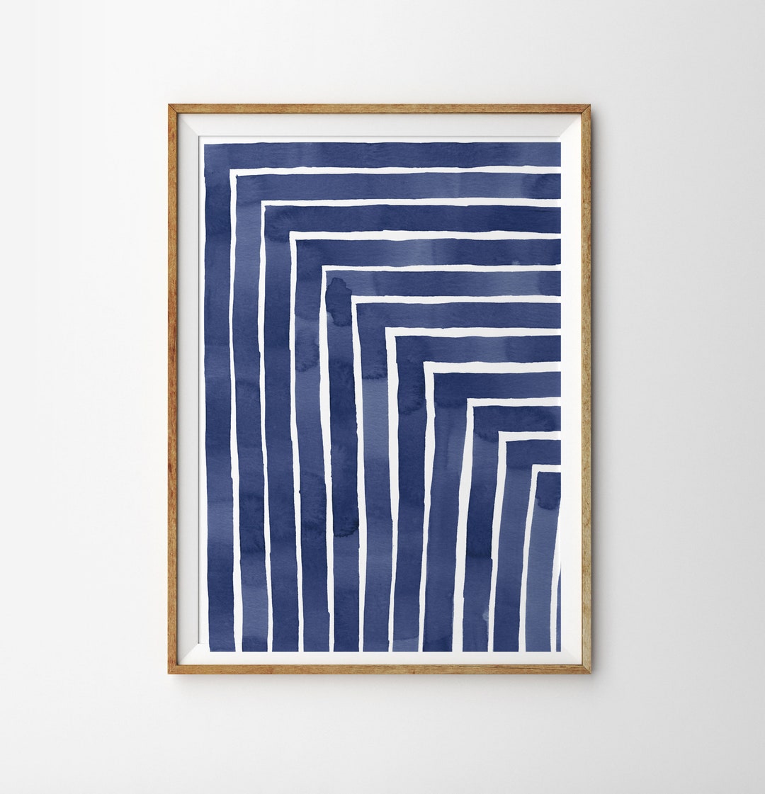 Navy Blue Scandinavian Mid Century Abstract Print Abstract Blue Line ...