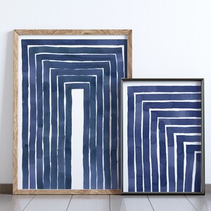 Navy Blue Scandinavian Mid Century Abstract Print Abstract Blue Line ...