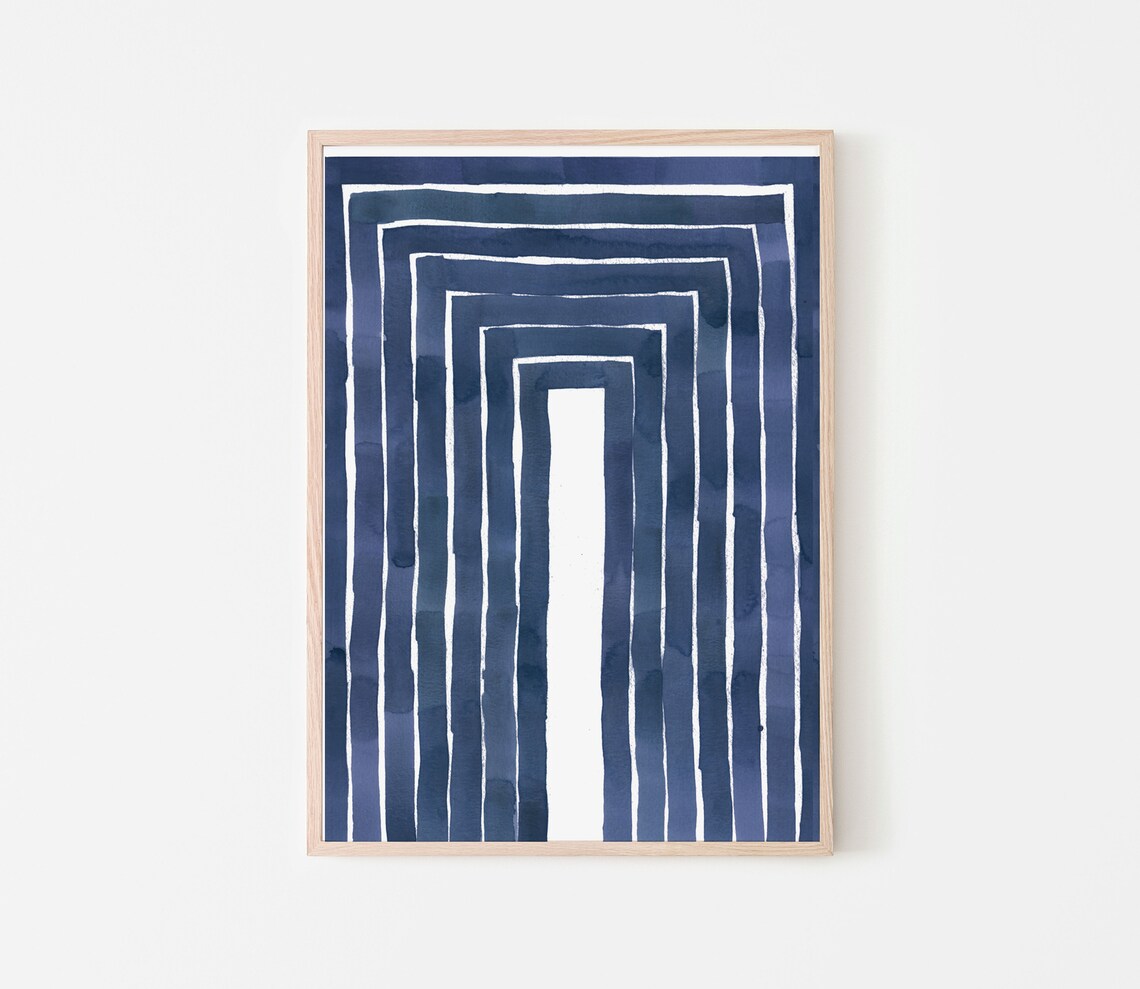 Navy Blue Scandinavian Mid Century Abstract Print Abstract Blue Line ...