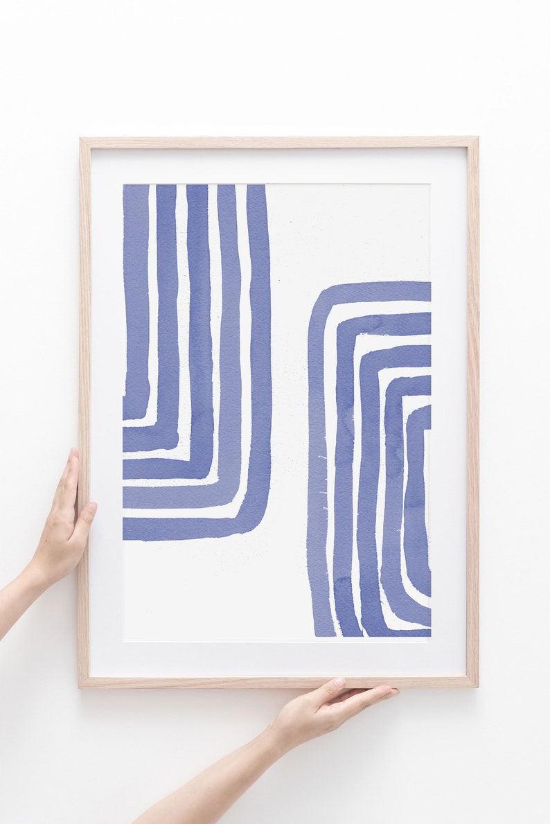 Large Abstract Art Blue Line Art Abstract Watercolor Mid Century ...