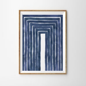 Navy Blue Scandinavian Mid Century Abstract Print Abstract Blue Line ...