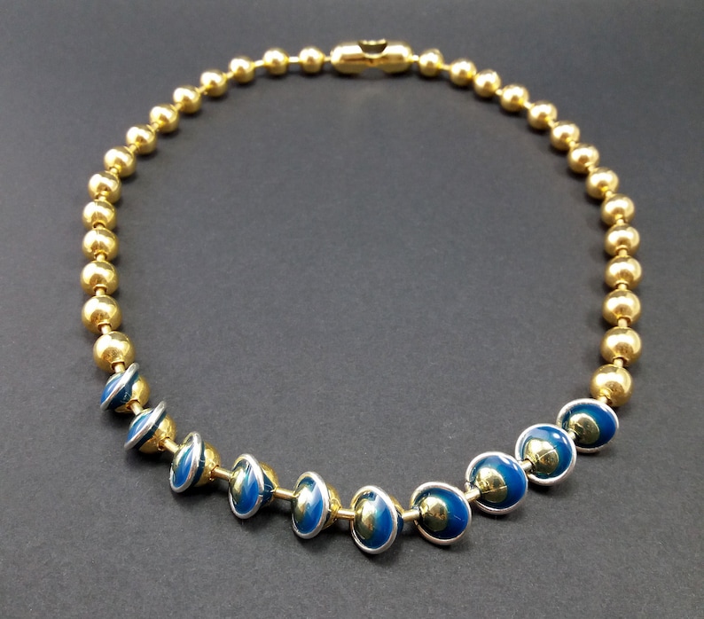 Big Ball Chain Necklace Blue Enamel Necklace Mixed Metal - Etsy