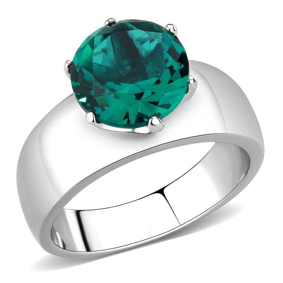 Round Cut Teal Sapphire Ring, Teal Sapphire Solitaire, Wide Thick ...