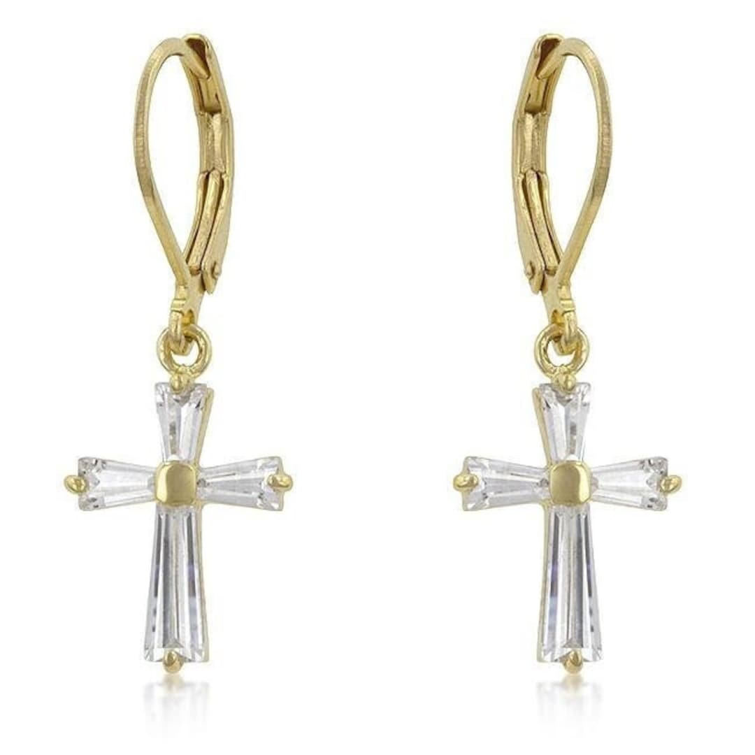 18k Gold Diamond Baguette Cross Earrings, Gold Cross Drop Earrings ...