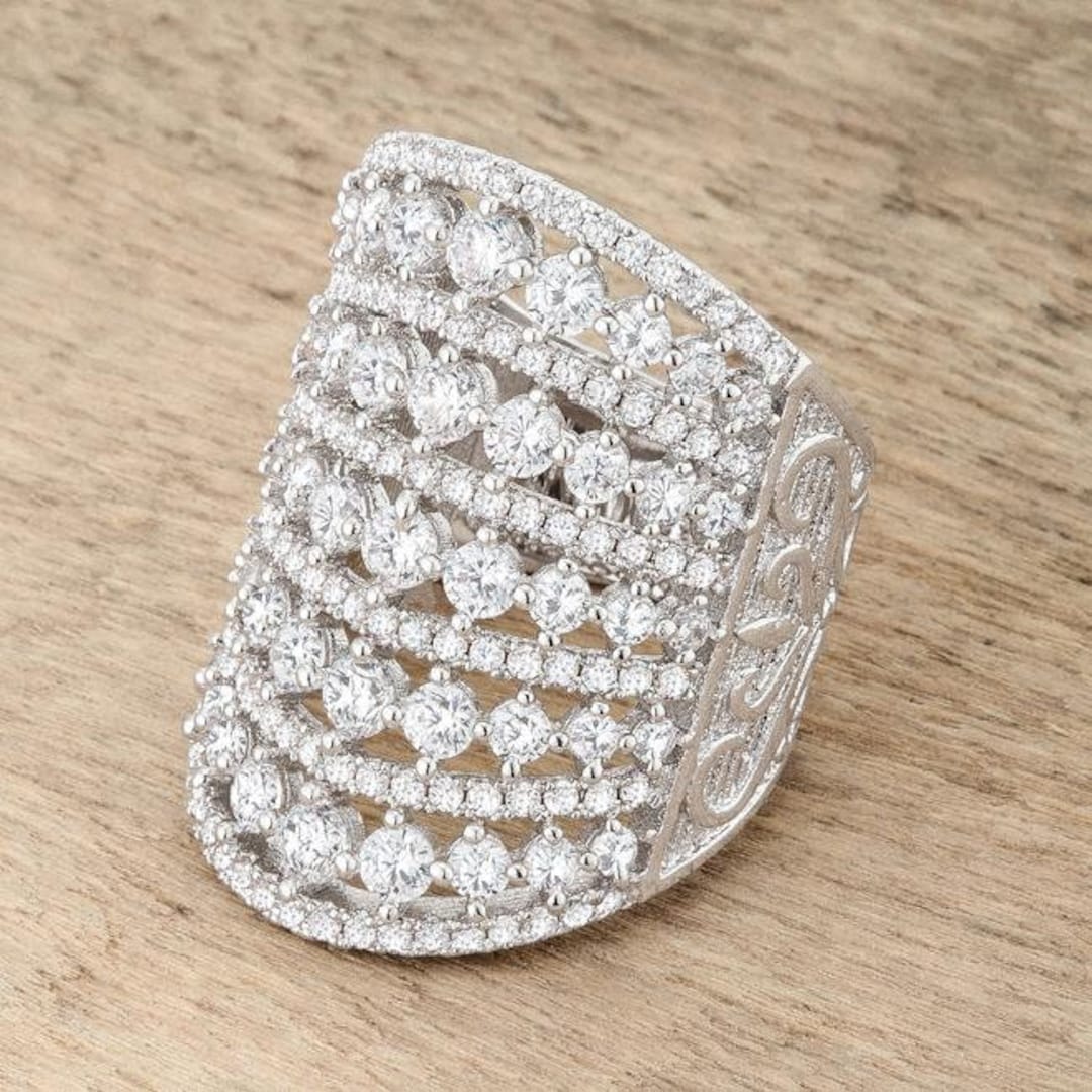 Silver Statement Diamond Ring, Cocktail Ring, Long Silver Ring, Large ...