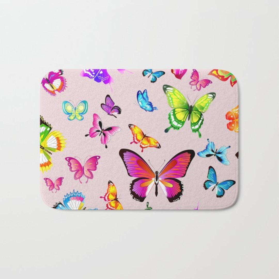 Blush Pink Butterfly Bath Mat, Rainbow Butterflies Bathroom Mat ...