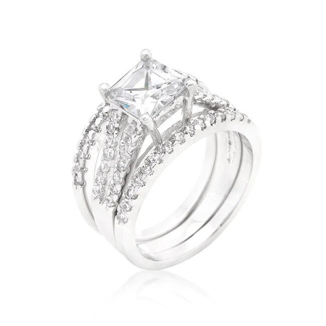 Princess Cut Triple Bridal Set Solitaire Princess Cut Wedding - Etsy