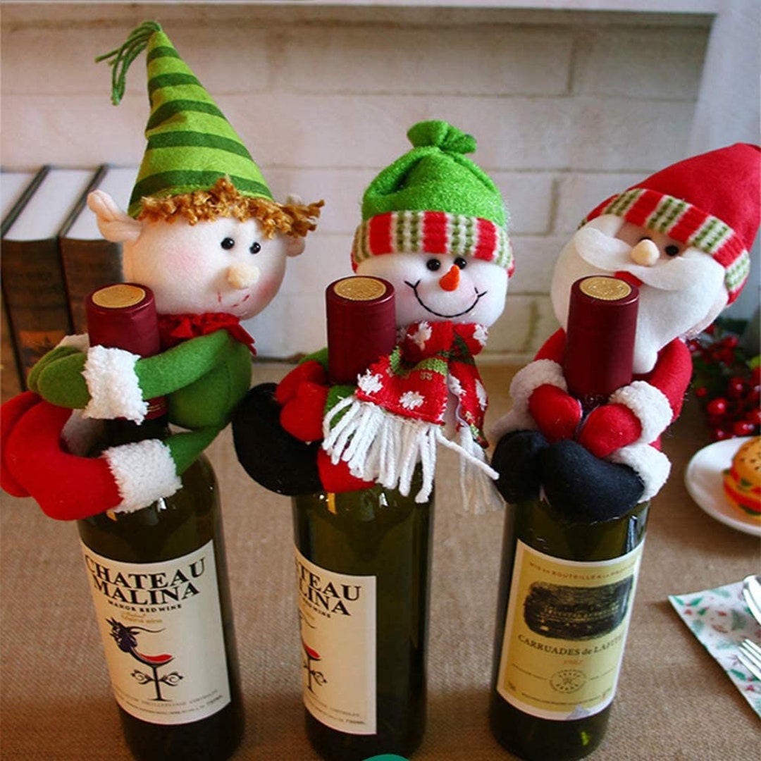 Christmas Wine Bottle Cover Hugger 3 Pack Santa Snowman and Elf Holiday ...