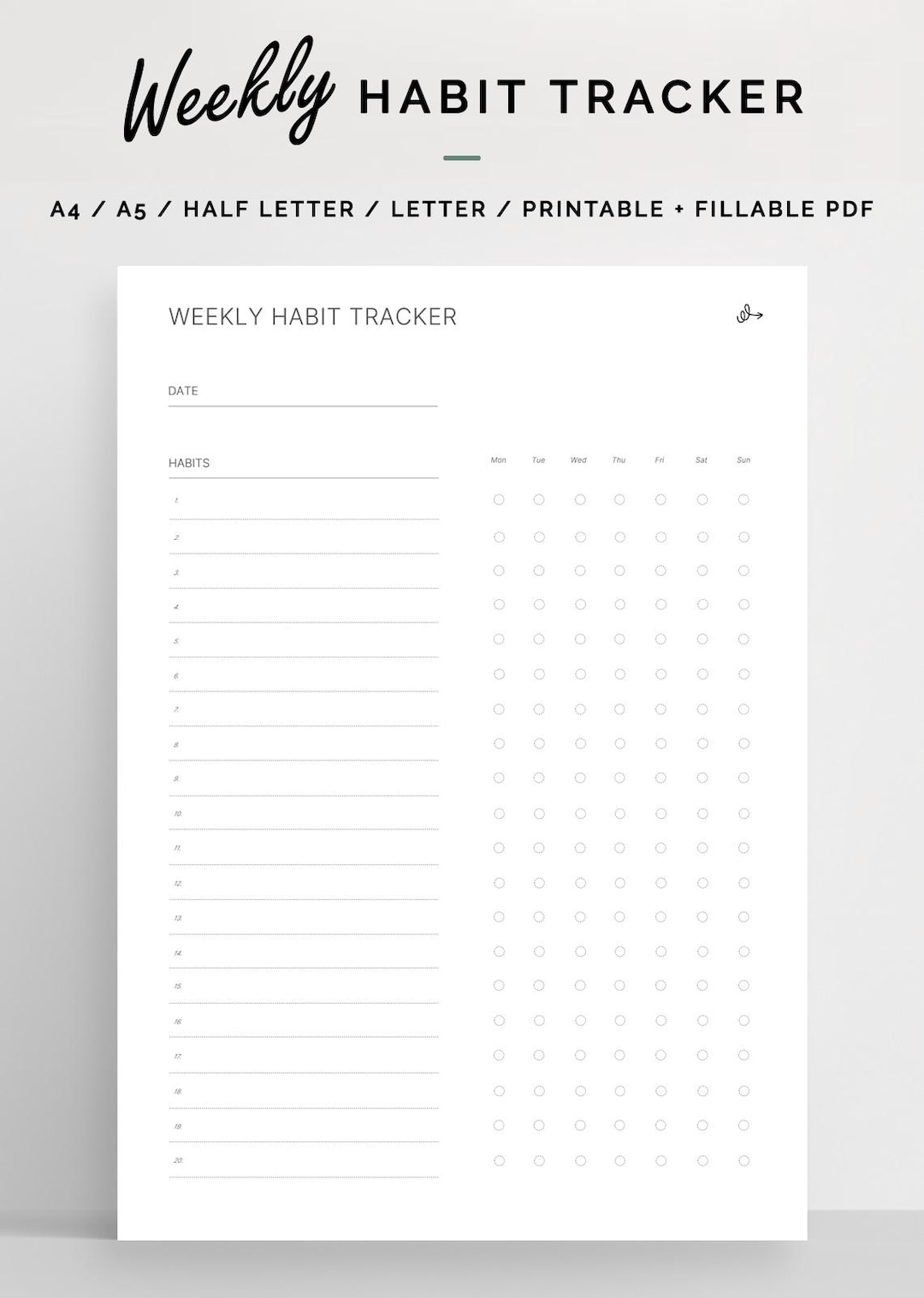 Weekly Habit Tracker Printable | Digital Fillable PDF | A4, A5, Letter ...