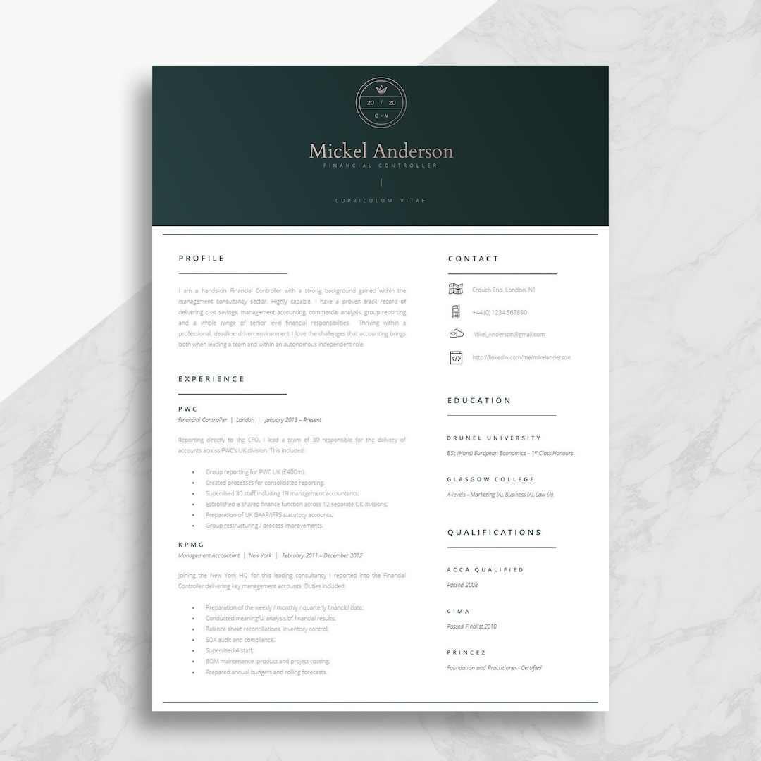 Professional CV Template in Dark Green Stylish Resume for Executives ...