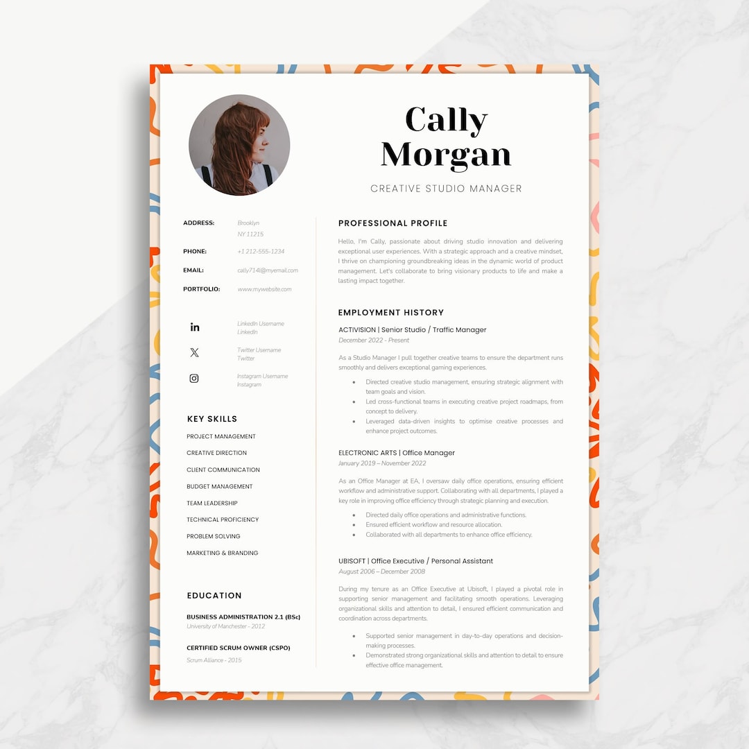 Bold CV Template With Border, Creative CV Template, Bright 1 Page ...