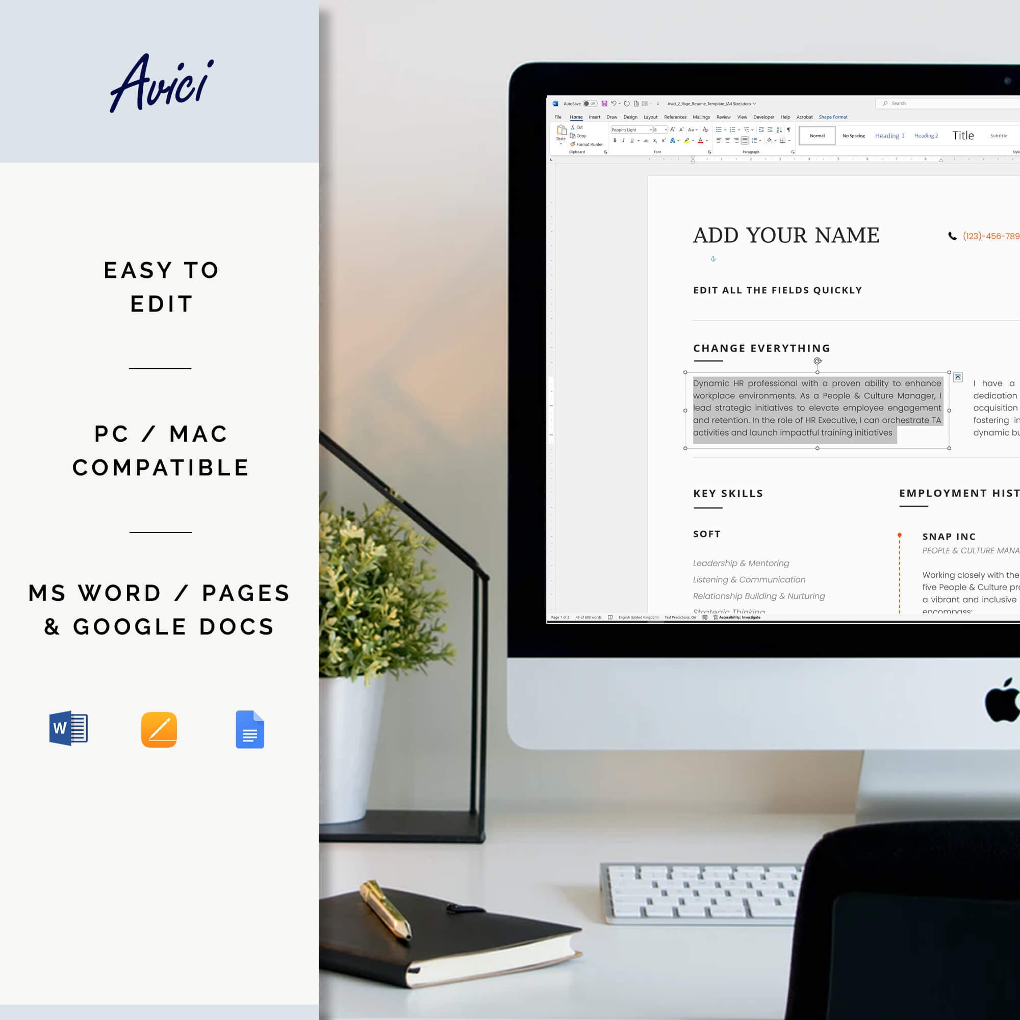 Minimalistic Resume Template MS Word, Google, Pages 1 Page Resume ...