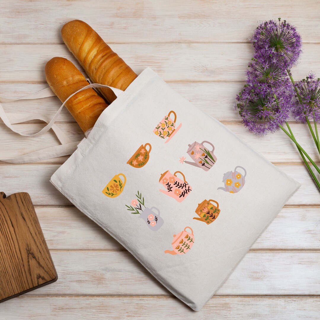 Tea Time Canvas Tote Bag | Cottagecore Tea Cup and Kettle Shopper - Etsy