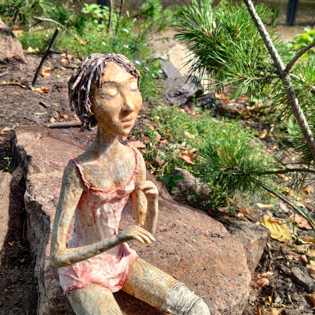 Paper Mache Girl, Zen Art Doll, Sculpture Bookshelf, Recycled Art Deco ...