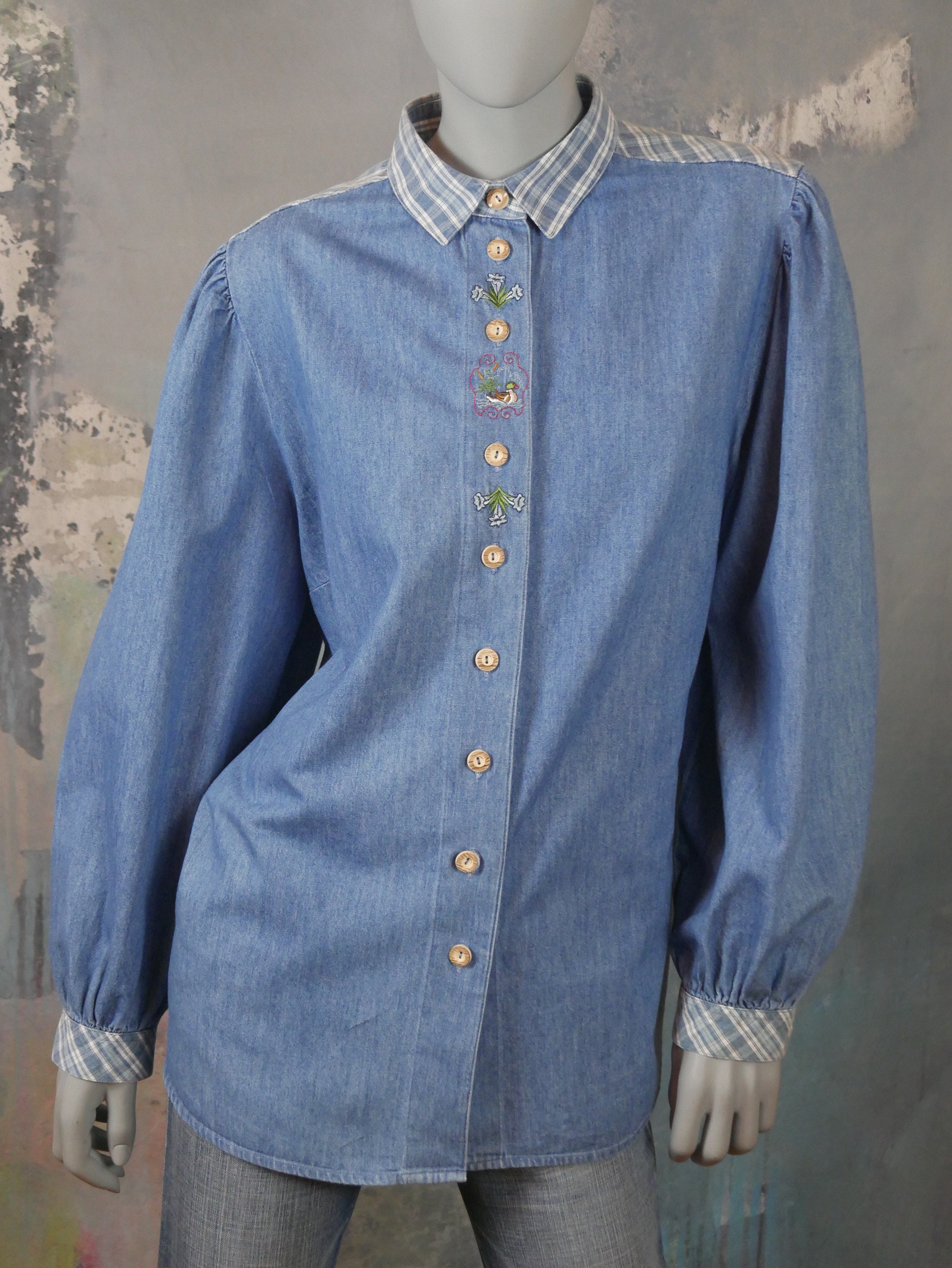 Rustic Country Blouse Blue Lightweight Denim Long-Sleeve | Etsy