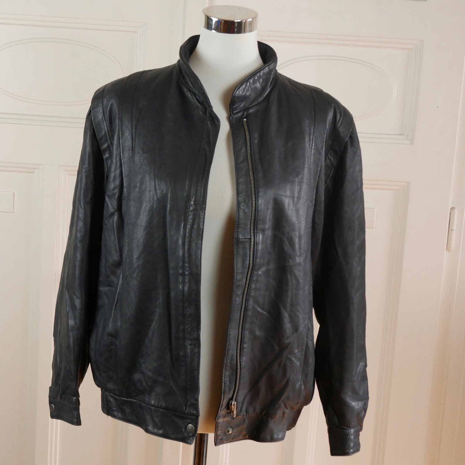 Vintage Leather Jacket 1990s Black Band Collar Zippered - Etsy