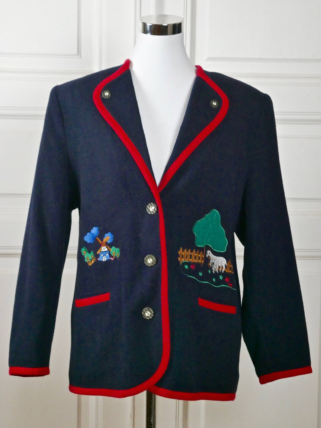 German Vintage Trachten Jacket, Navy Blue Red Wool-blend Traditional ...