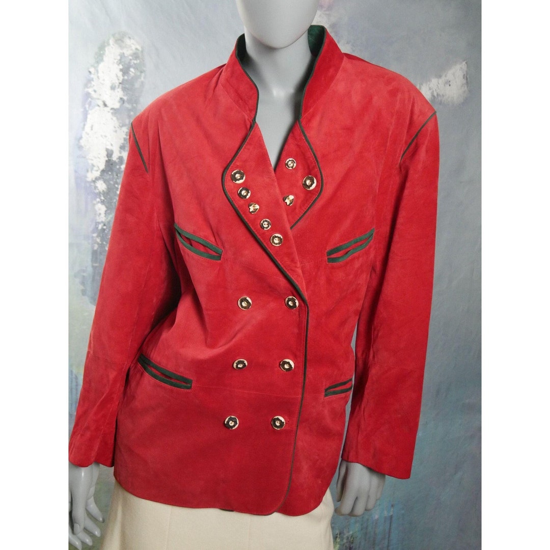 Red Suede Leather Jacket, Size 16 USA Women's 90s German Vintage Double ...