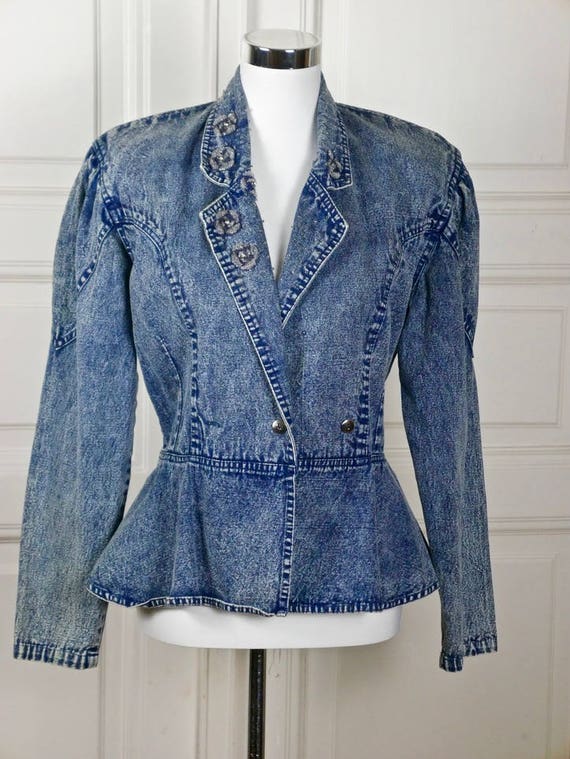 80s Denim Jacket Blue Stone Wash Blue Jeans Peplum Jacket W - Etsy