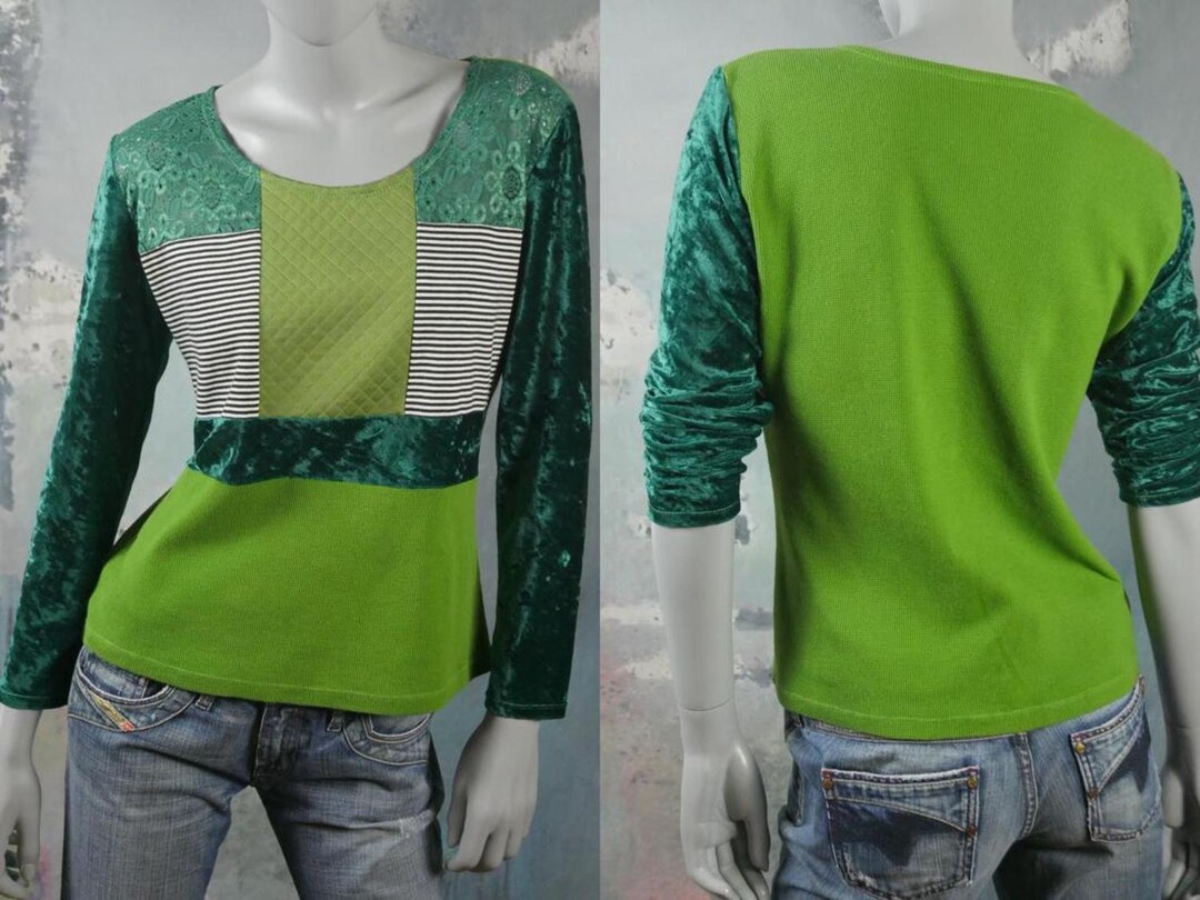 Green Color Block Top 1990s European Vintage Long Velour - Etsy