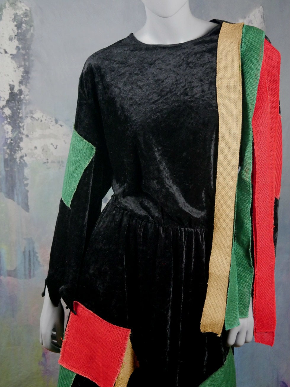 80s Black Velour Peasant Gypsy Dress w Red Green Yellow Hobo | Etsy