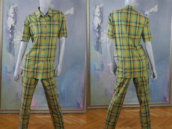 Plaid Pants Set, 1990s European Vintage Summer Pant S… - Gem