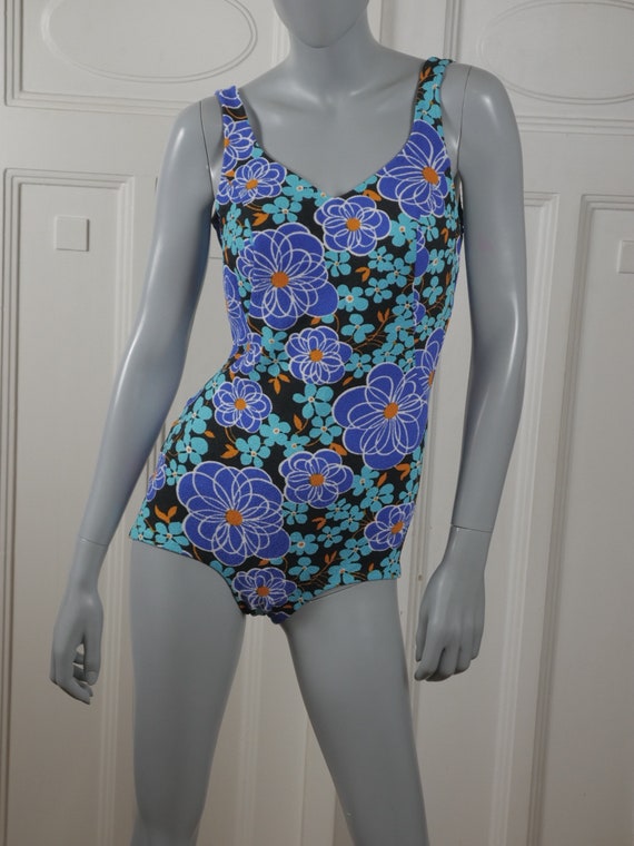 1960s Vintage Swimsuit, Turquoise Black Royal Blue Or… - Gem