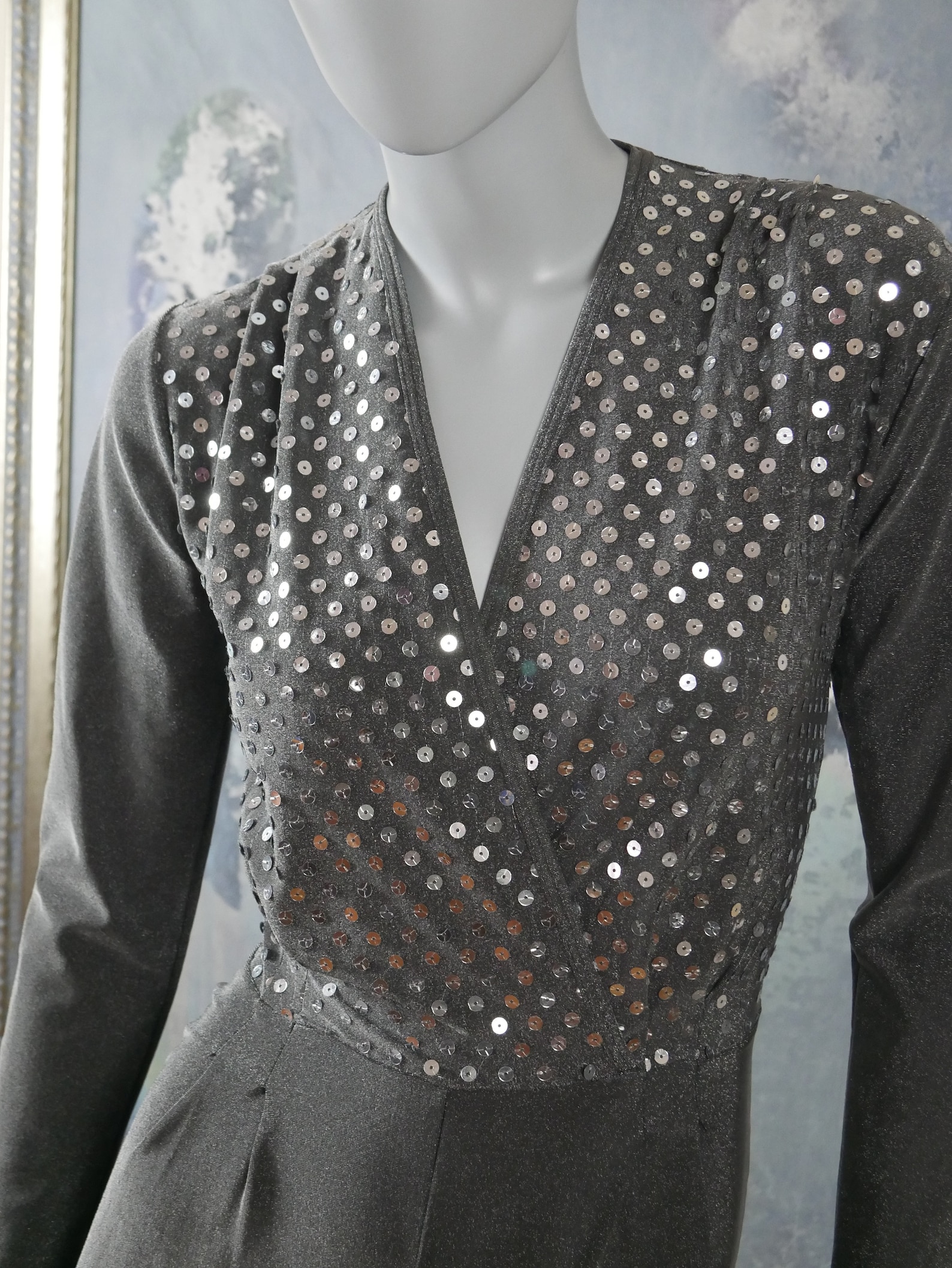 1970s Disco Jumpsuit Silver Glitter and Sequin V Neckline - Etsy