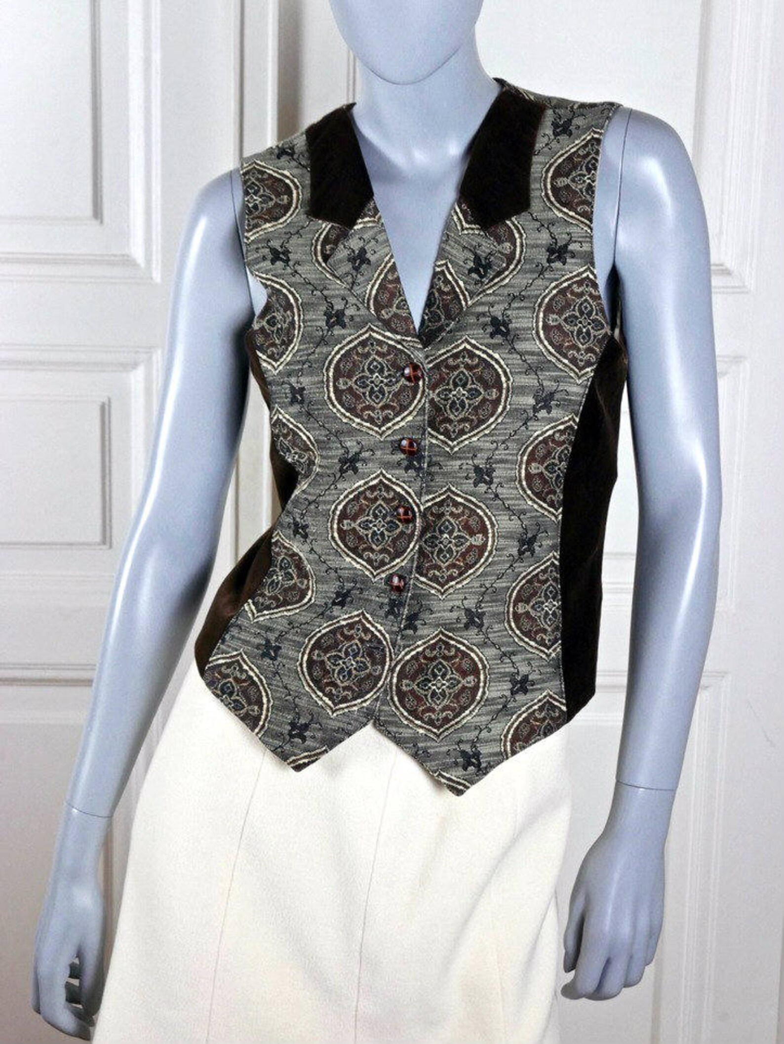 German Vintage Women's Vest Brown Beige Geometric Floral - Etsy