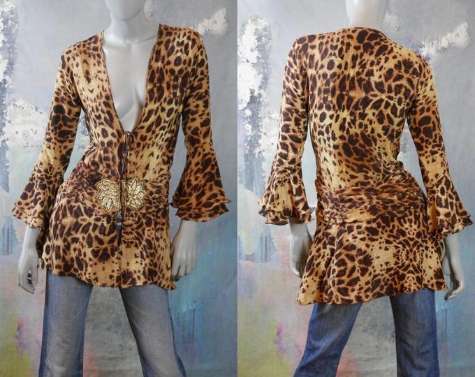 Leopard Print Silk Top, 1990s Peplum Blouse W Plunging V Neckline ...
