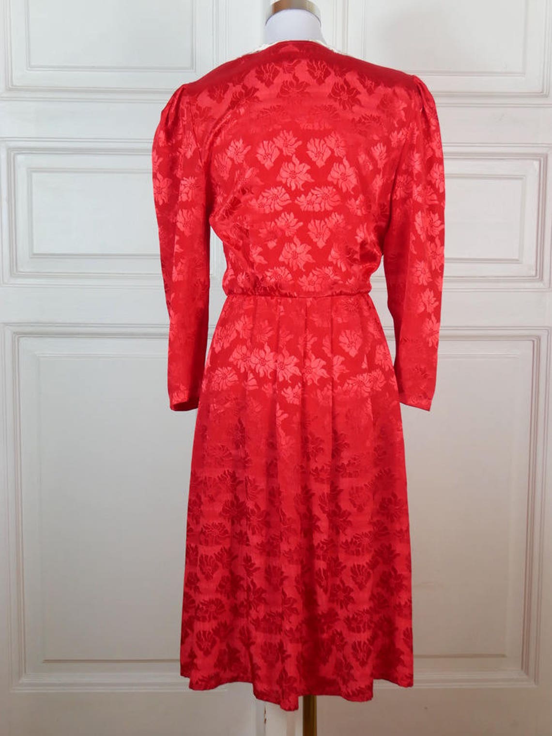 Red Prairie Dress W White Lace Collar 1980s Floral Hungarian | Etsy