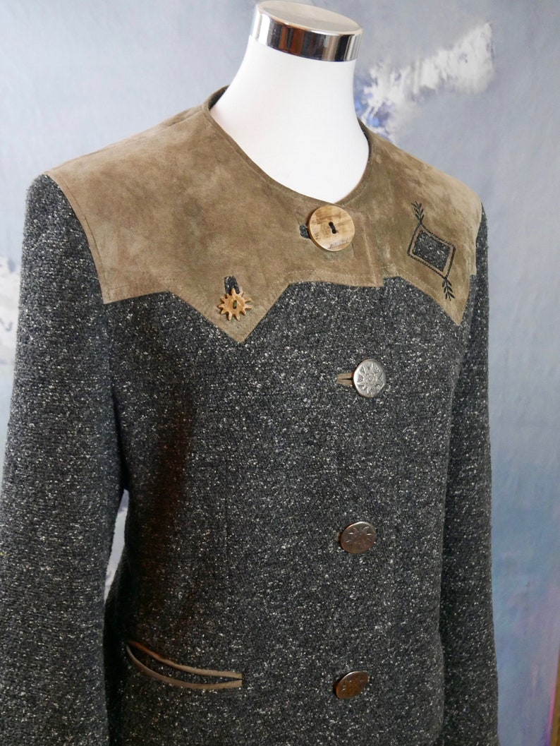 Austrian Jacket, 1990s Vintage Trachten Wool Cotton Blend Charcoal Gray ...