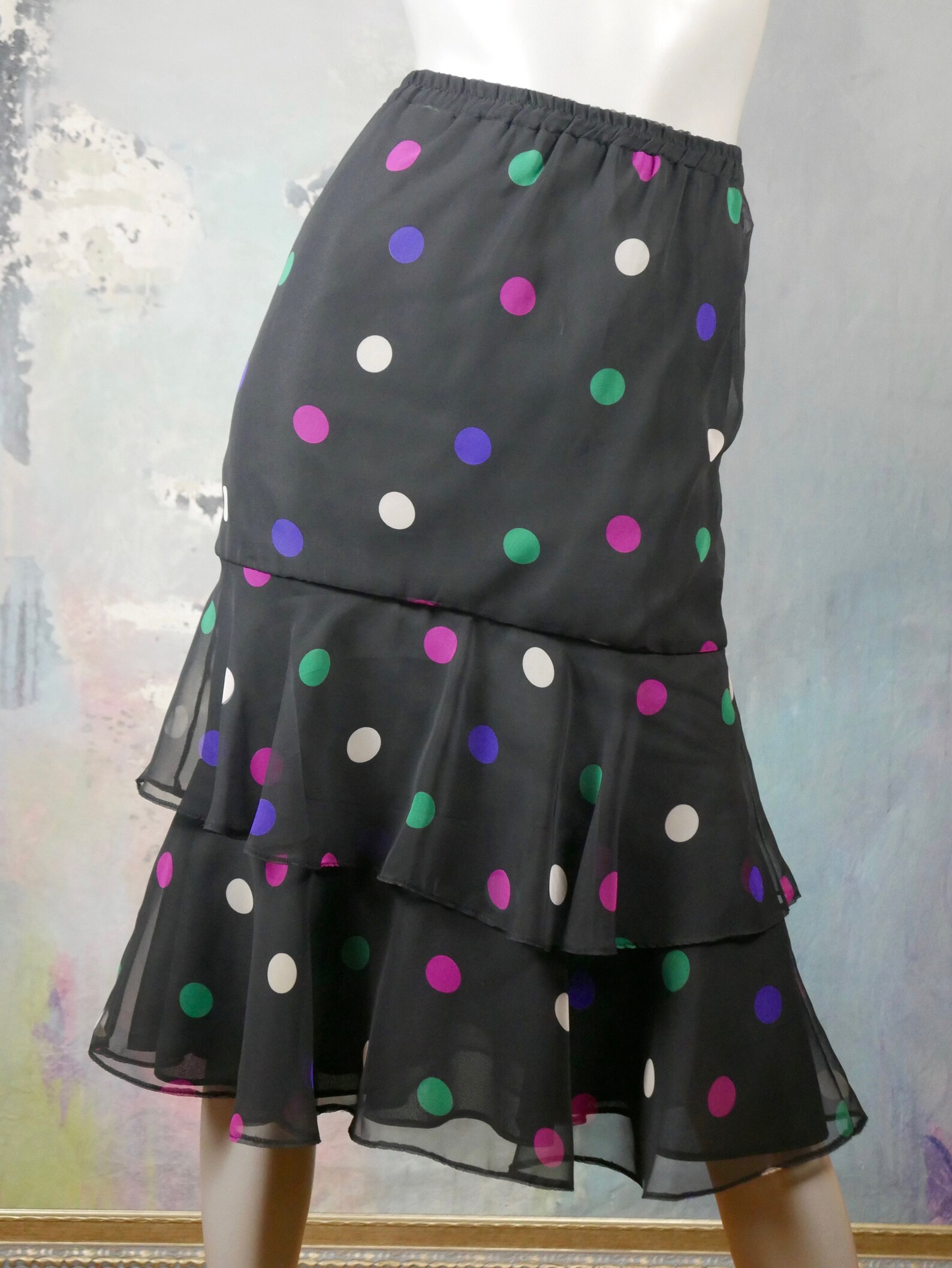 1980s Polka Dot Skirt Black Ruffle Skirt w Cerise Pink Purple | Etsy