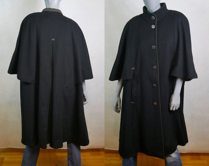 Lodenfrey Black Wool Cape Coat, 90s European Vintage Loden Overcoat ...