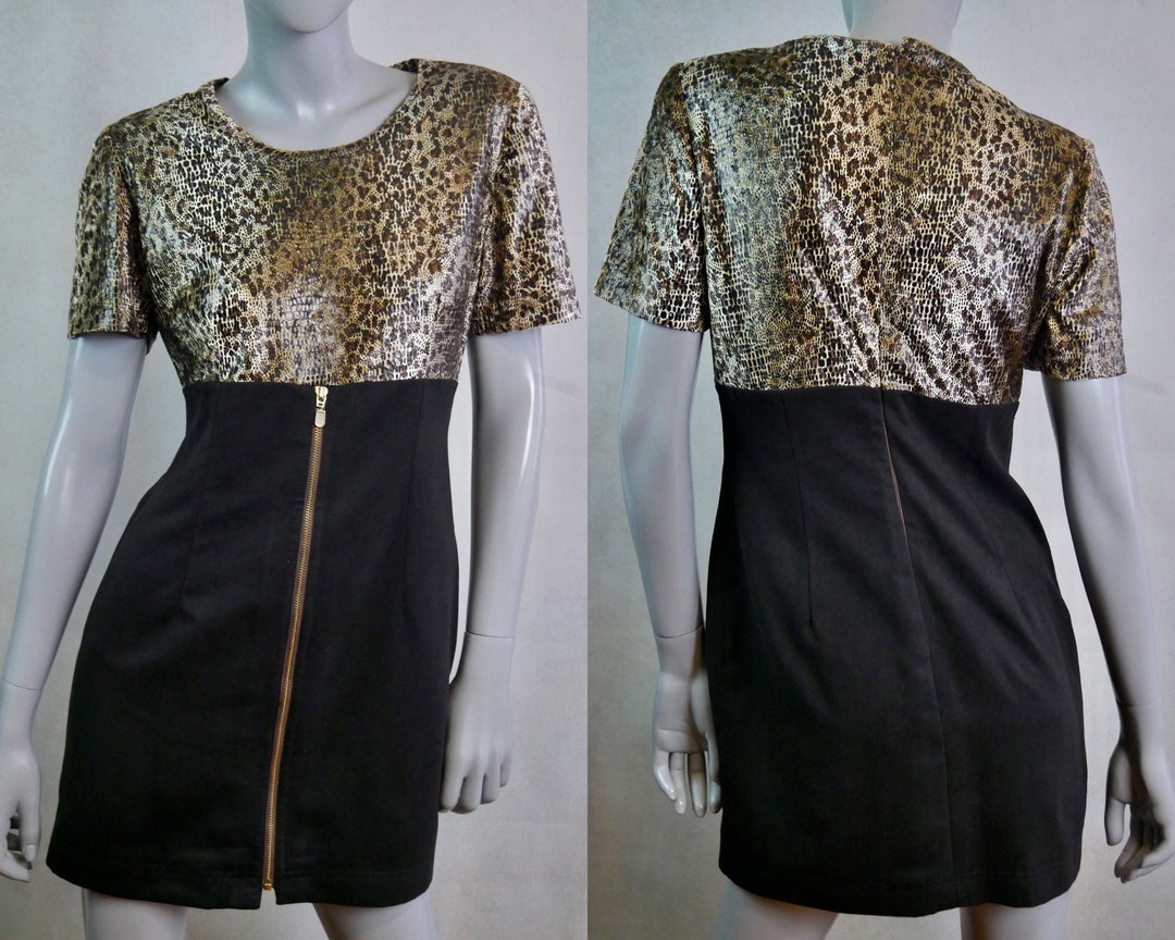 1980s Dress, French Vintage Leopard Print and Black, Size 8 USA, 12 UK ...