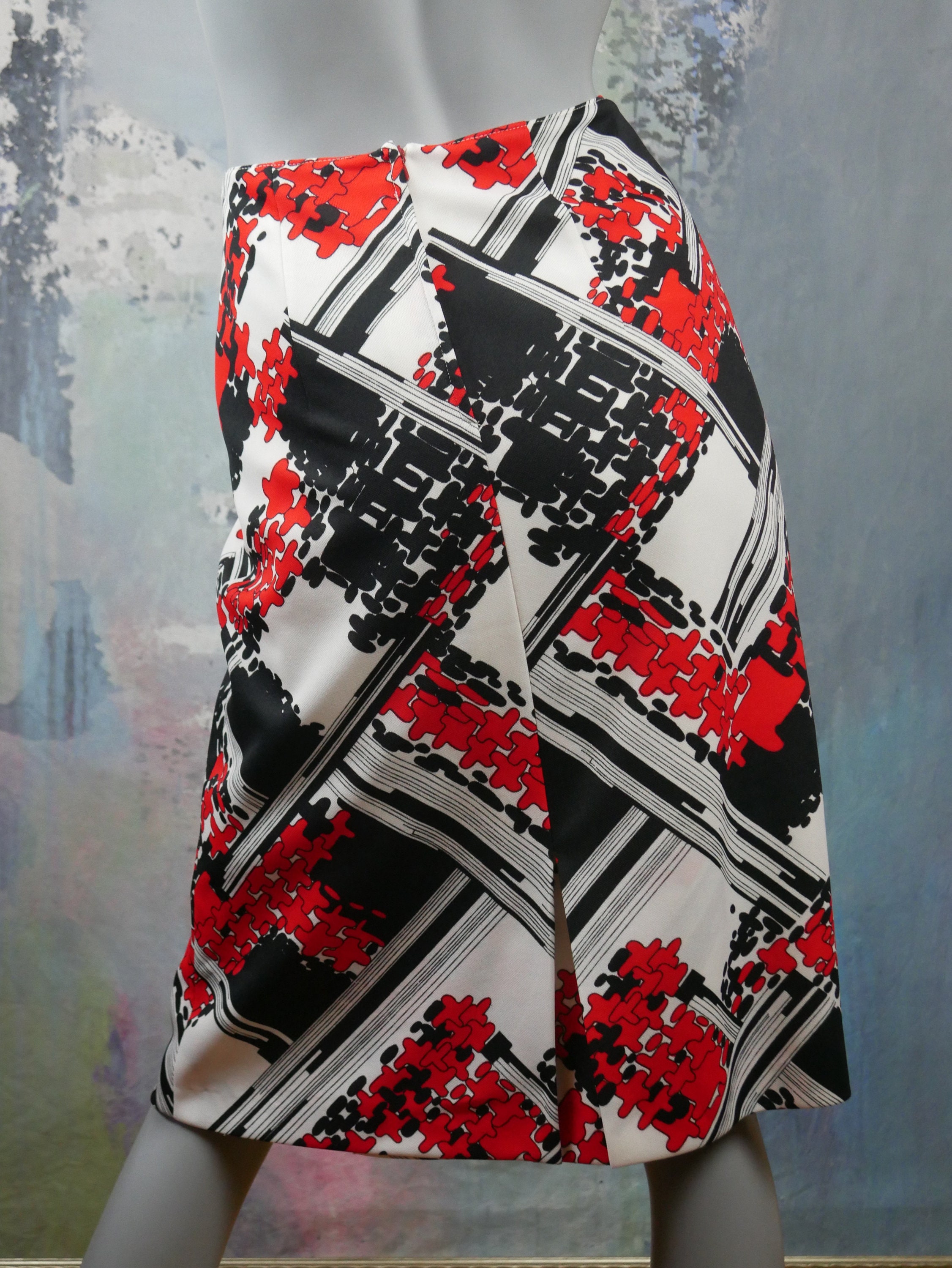 70s Skirt Red Black and White Abstract Geometric Pattern A | Etsy