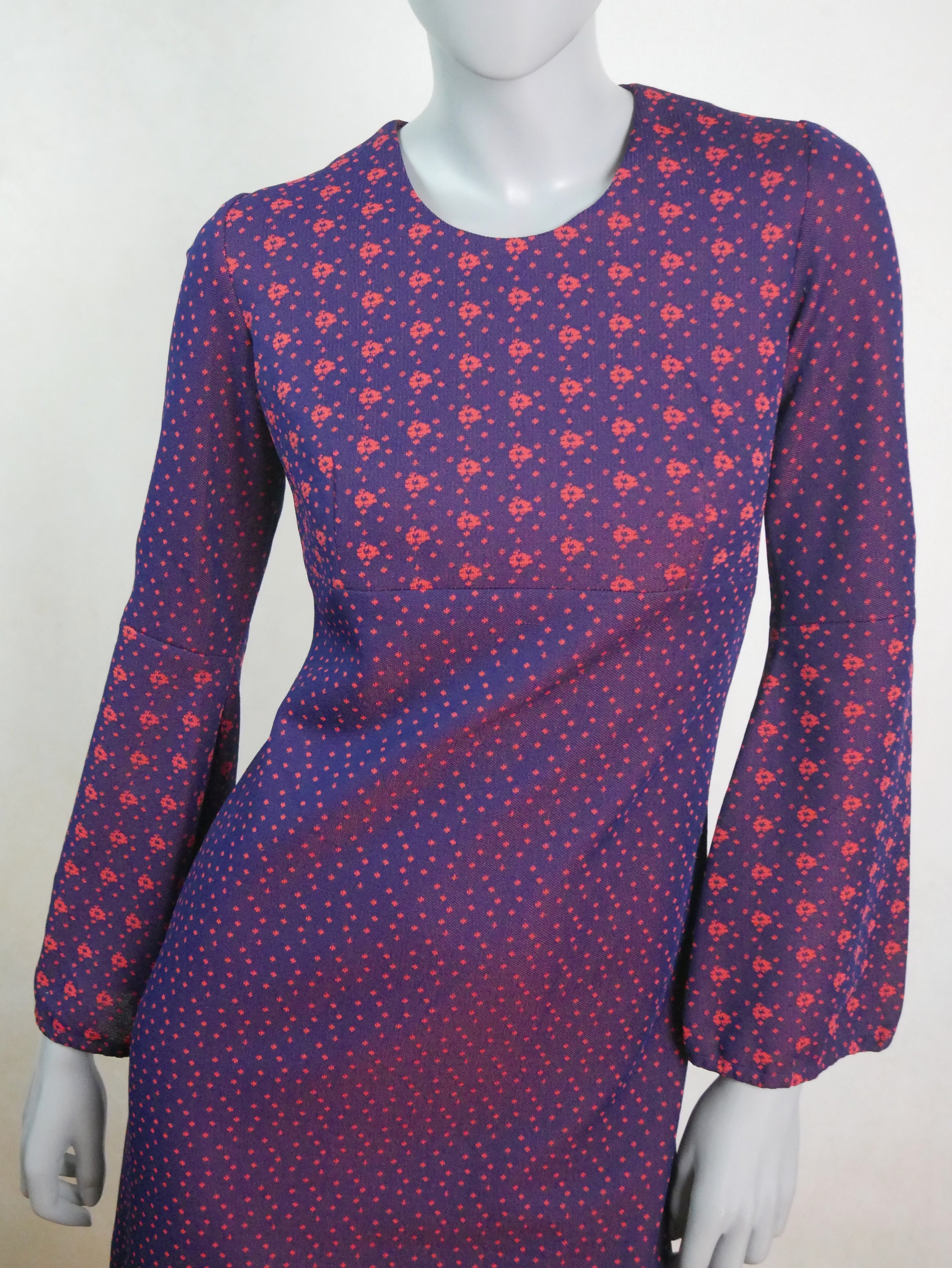 70s Dress Navy Blue and Rouge Red Midi With Long Flared - Etsy